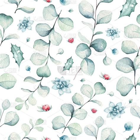 水彩节日圣诞剪贴无缝模式。冬天的装饰元素。圣诞快乐的设计。松树的树枝，框架，浆果。新年请帖装饰背景设素材 花瓣网