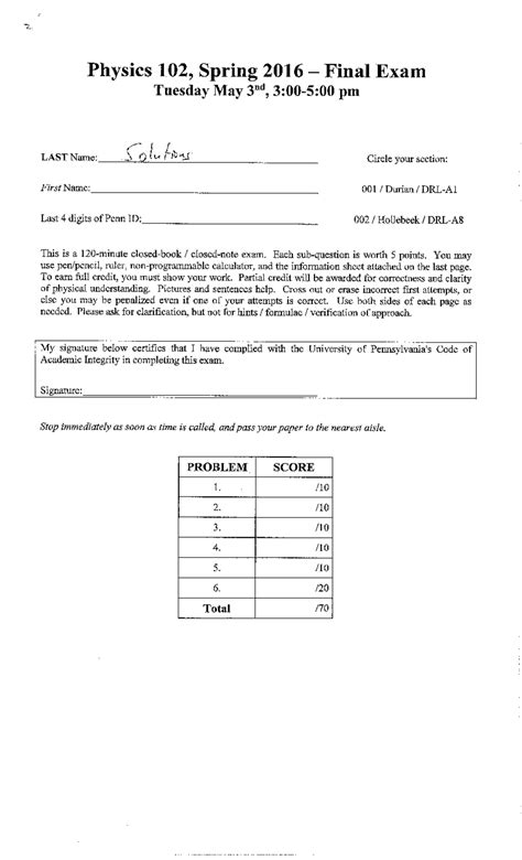 2016 Final Solns Practice Questions Solution For Exam PHYS 102
