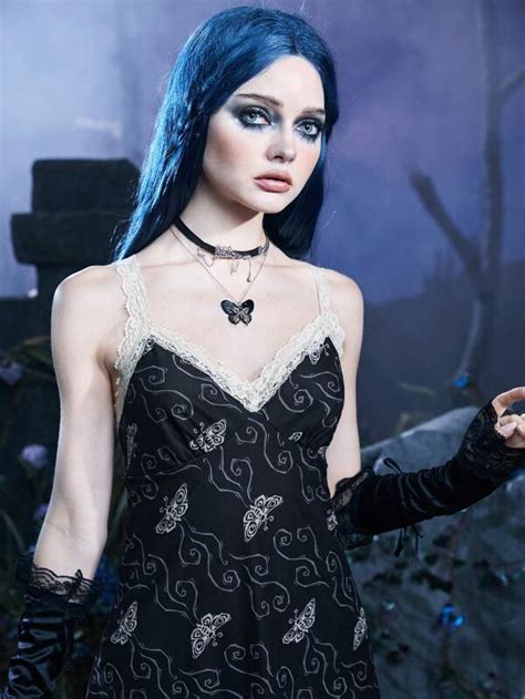 Corpse Bride ROMWE Butterfly Print Contrast Lace Cami Dress SHEIN USA