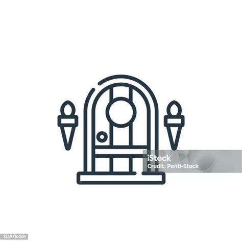 흰색 배경에 격리 된 던전 벡터 아이콘 웹 사이트 디자인 및 모바일 앱 개발을위한 개요 얇은 라인 던전 아이콘 얇은 선 던전 윤곽선 아이콘 벡터 일러스트레이션입니다 검에