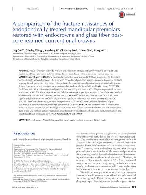 Pdf A Comparison Of The Fracture Resistances Of Endodontically Treated Mandibular Premolars