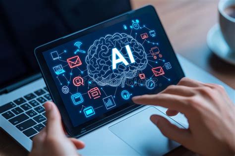 Person Interacts With Laptop Displaying Ai Concept Featuring Digital Brain And Various