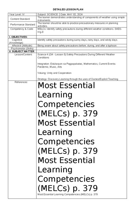 Detailed Lesson Plan In Science IV Safety Precautions During Different Weather Conditions