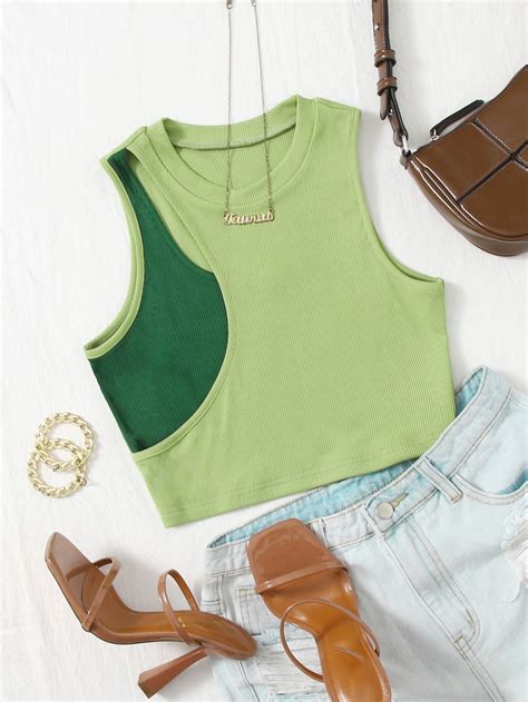 Shein Ezwear Top Tank Corto Tejido De Canalé De Color Combinado Mode
