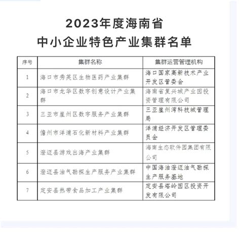 2023年度海南省中小企业特色产业集群名单公布 国际在线