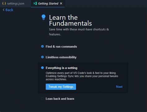 getting started tweak my settings resets the getting started page