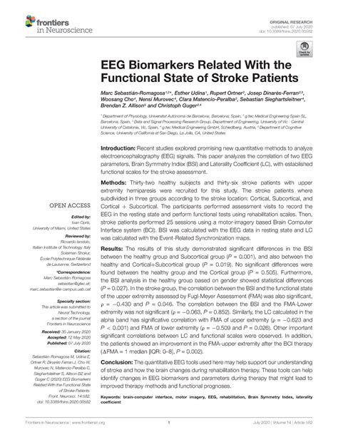 EEG Biomarkers Related With The Functional State Of Stroke Patients ORIGINAL RESEARCH