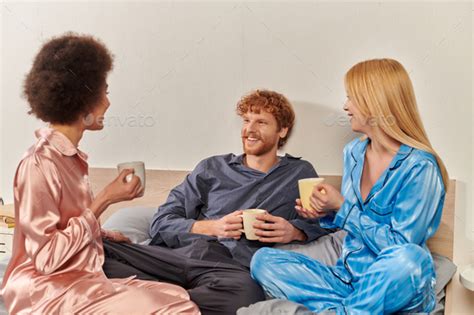 Open Relationship Concept Polygamy Happy Interracial Women In Pajamas