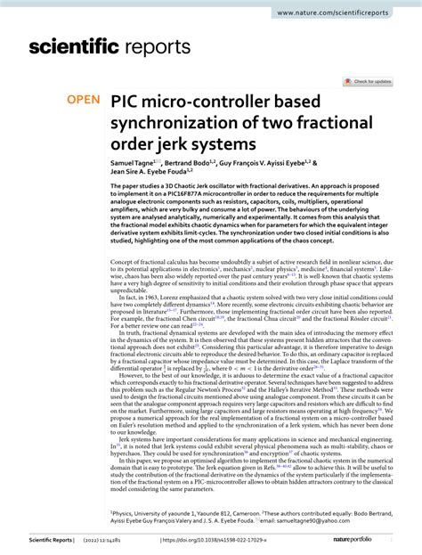 Pdf Pic Micro Controller Based Synchronization Of Two Fractional Order Jerk Systems