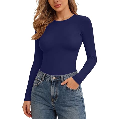 Ahabrexf Long Sleeve Bodysuit For Women Solid Color Tight Fitting Crew