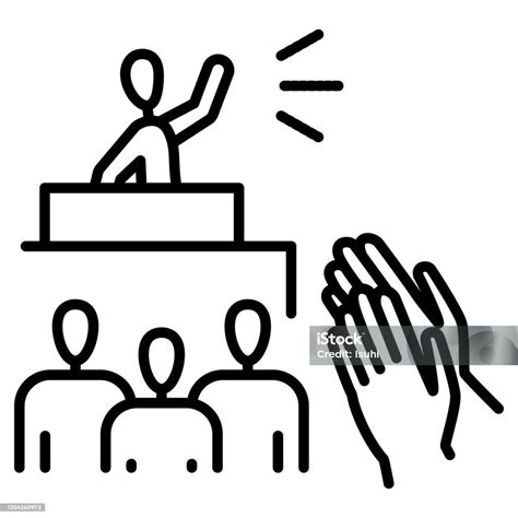 연사가 컨퍼런스에서 연설을 합니다 공연 중 기쁨과 박수 연단에 있는 사람은 감정적으로 말합니다 벡터 아이콘 윤곽선 격리 박수