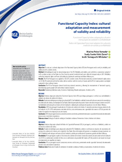 Pdf Functional Capacity Index Cultural Adaptation And Measurement Of Validity And Reliability