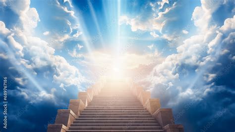 A Staircase Leading Up To A Bright Light In The Sky With Fluffy White