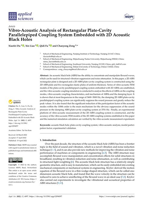 Pdf Vibro Acoustic Analysis Of Rectangular Plate Cavity Parallelepiped Coupling System