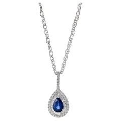 14kt White Gold Pear Shaped Sapphire And Diamond Pendant Necklace For