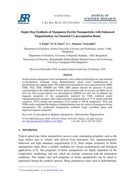 Pdf Single Step Synthesis Of Manganese Ferrite Nanoparticles With Enhanced Magnetization Via
