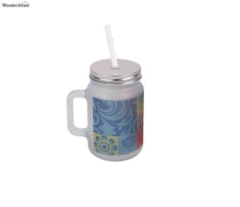 Buy Flower Print Frosted Glass Jar With Handle And Straw Blue At 61