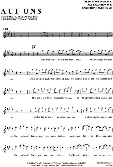 Auf Uns Alt Sax Andreas Bourani Pdf Noten Saxophon Noten