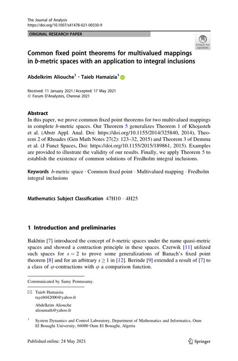 PDF Common Fixed Point Theorems For Multivalued Mappings In B Metric Spaces With An