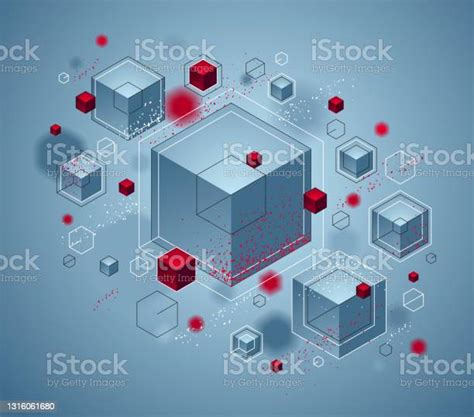 빨간색과 파란색 요소 벡터 디자인과 3d 큐브의 클러스터와 추상 벡터 디자인은 기술 및 과학 추상화 예술에 사용할 수 있습니다