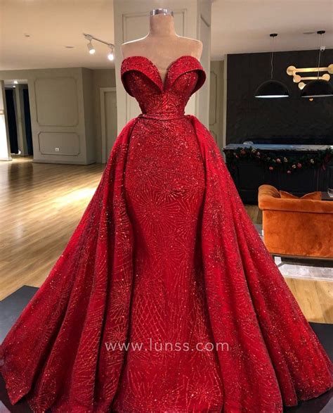 Bedazzled Red Glitter Overskirt Slim Mermaid Prom Dress Lunss