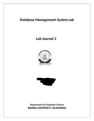 DBMS Lab 9 DBMS Lab 9 Department Of Computer Science Bahria