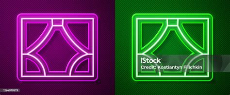 보라색과 녹색 배경에 고립 된 빛나는 네온 라인 커튼 아이콘 극장 이나 오페라 장면 배경 콘서트 그랜드 오프닝 또는 영화 초연