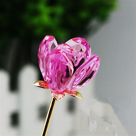 Valentines Crystal Glass Rose Flower With Long Golden Stem For Wedding