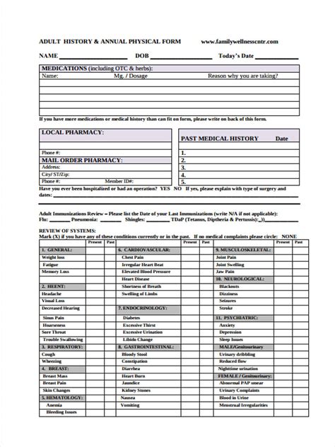 Free Adult Physical Forms In Pdf Ms Word