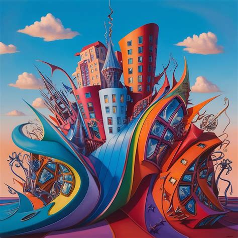 Gravity Defying Buildings With Vibrant Colors And Impossible Angles Stock Illustration