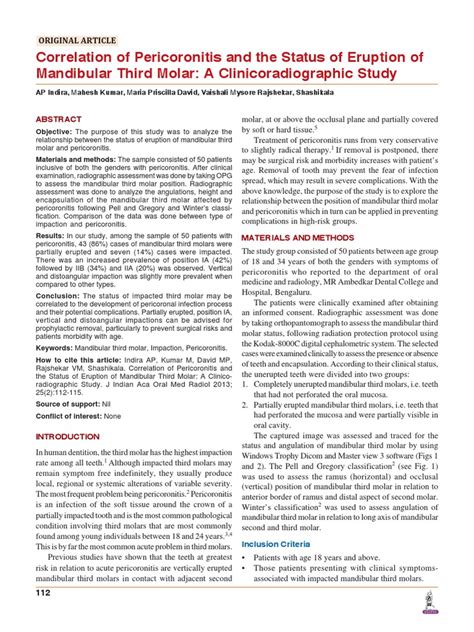 Correlation Of Pericoronitis And The Status Of Eruption Of Mandibular Third Molar A