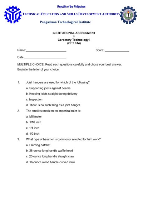 Carpentry Course Assessment Test Pdf Lumber Stairs