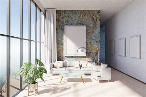 창문이 있는 호화로운 로프트 아파트 미니멀 한 인테리어 거실 디자인 3d 일러스트레이션 0명에 대한 스톡 사진 및 기타 이미지