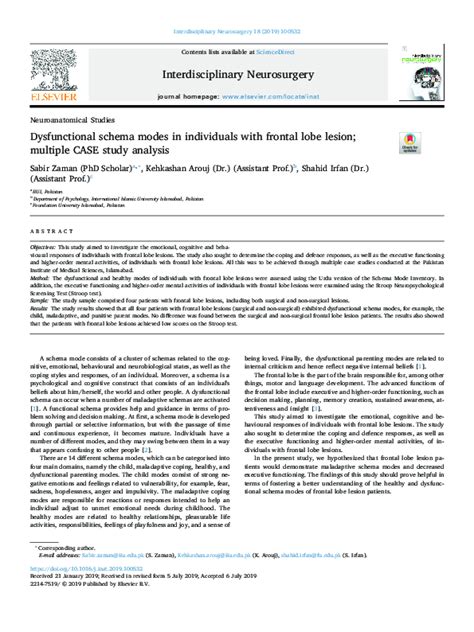 Pdf Dysfunctional Schema Modes In Individuals With Frontal Lobe