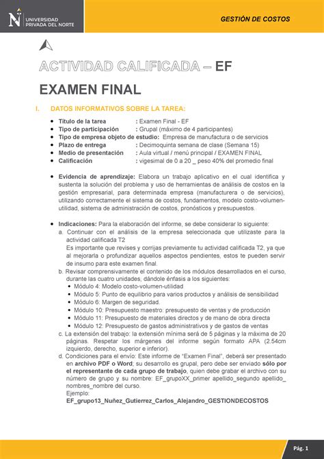 Formato De Examen Final GESTION DE COSTOS 2021 Costos Y Presupuestos