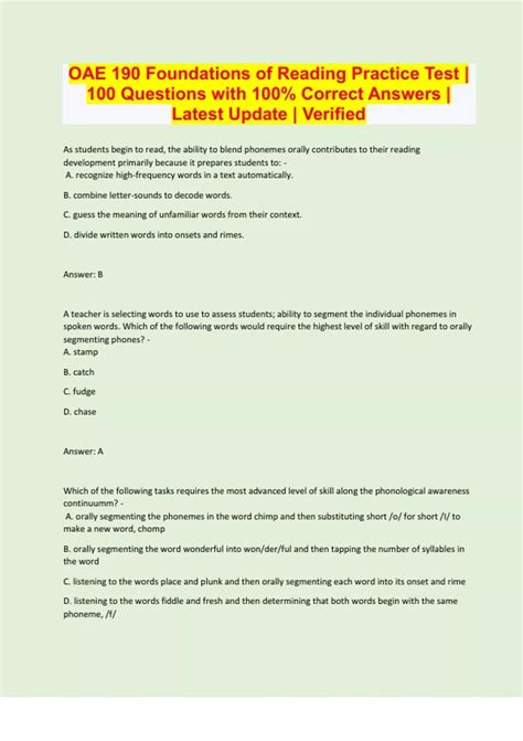 Oae 190 Foundations Of Reading Practice Test 100 Questions With 100