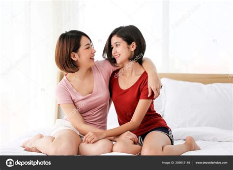 Asian Couple Lesbian Lgbt Bed Bedroom Love Happiness Moment Concept