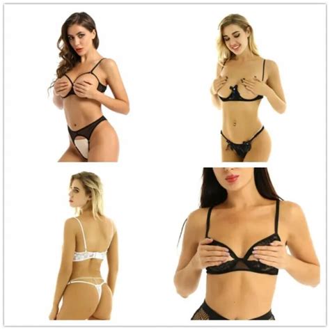Womens Sexy Lingerie Set Open Cup Shelf Bra G String Briefs Crotchless
