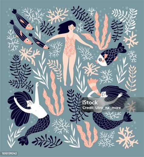 인 어는 바다에서 수영 소녀와 귀여운 장식 배경 손으로 그린 벡터 일러스트 레이 션 수 중 카드 디자인입니다 여자 인어에 대한 스톡 벡터 아트 및 기타 이미지 Istock