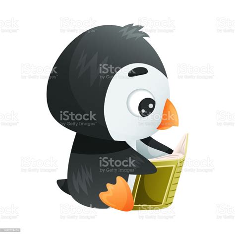 귀여운 펭귄은 재미있는 이야기 벡터 일러스트 레이 션을 즐기는 하드 커버에서 책을 읽고 있다 귀여운에 대한 스톡 벡터 아트 및