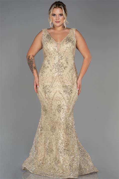 Long Gold Plus Size Evening Dress Abu3214