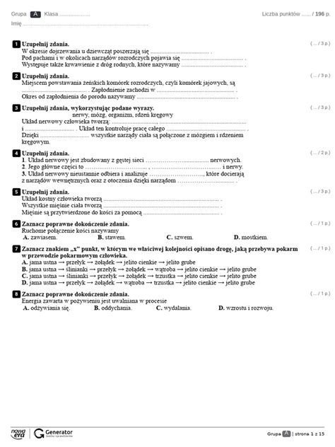 Ciało Człowieka Kl 4 Test Z Widoczną Punktacją Pdf
