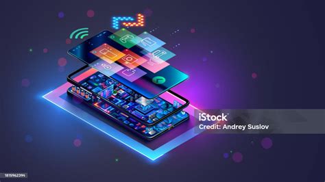 스마트 홈 Iot 시스템 아이소메트릭 개념 아이콘 네온 불빛에 있는 스크린 똑똑한 전화 가정적인 장치 전화기 내부의 전자 장치