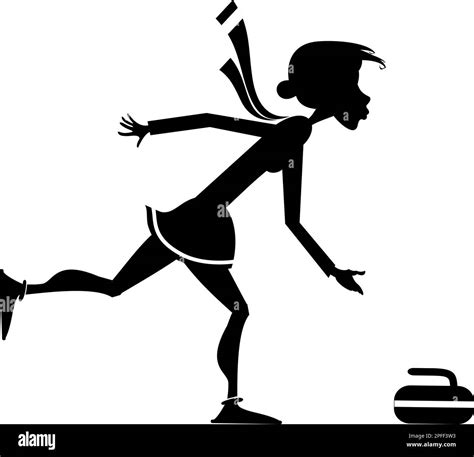 Winter Sport Woman With Curling Brush Pushes A Stone Towards A Target Black On White