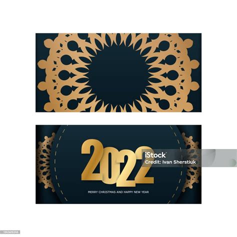 인사말 카드 템플릿 2022 메리 크리스마스와 빈티지 골드 장식어두운 파란색의 새해 복 많이 받으세요 2022년에 대한 스톡