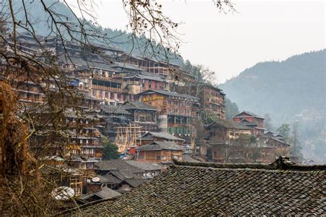 Aerial View Of Traditional Wooden Building Cluster Of Xijiang Qianhu Miao Village The One