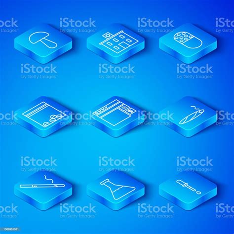 세트 라인 담배 온라인 약물 구매 시험관 및 플라스크 연기 약 알약 또는 정제 비닐 봉지 실로시 빈 버섯 및 피펫 아이콘 벡터 3차원 형태에 대한 스톡 벡터 아트 및 기타