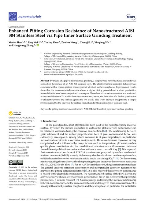 Pdf Enhanced Pitting Corrosion Resistance Of Nanostructured Aisi 304