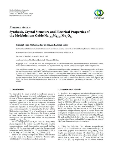 Pdf Research Article Synthesis Crystal Structure And … Archive 2013