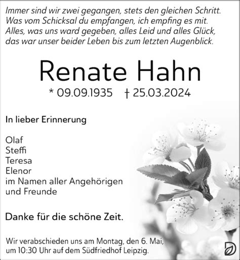 Traueranzeigen Von Renate Hahn Trauer Anzeigen De